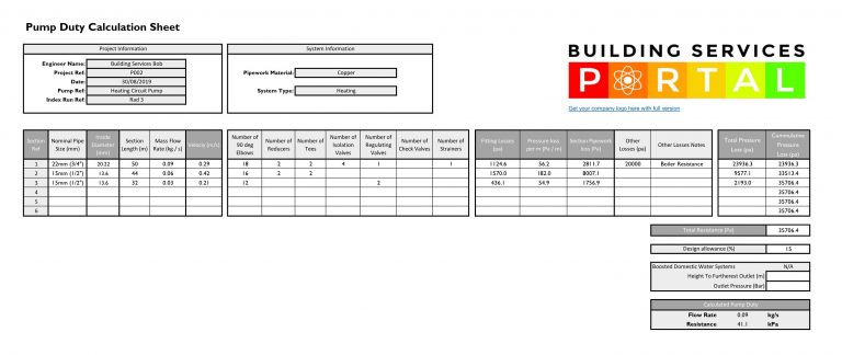Pump sizing spreadsheet- Free download | Building Services Portal