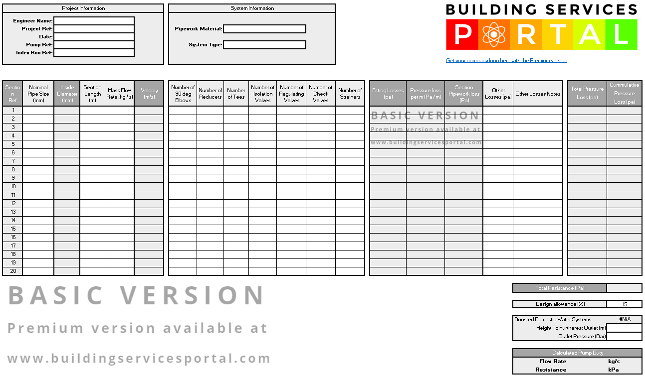 Pump sizing spreadsheet- Free download | Building Services Portal